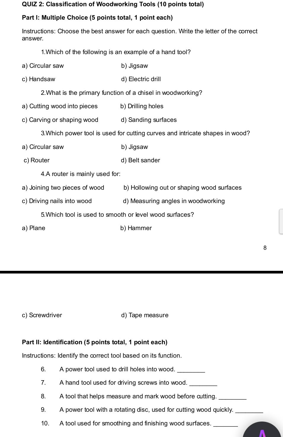 QUIZ 2: Classification of Woodworking Tools | StudyX