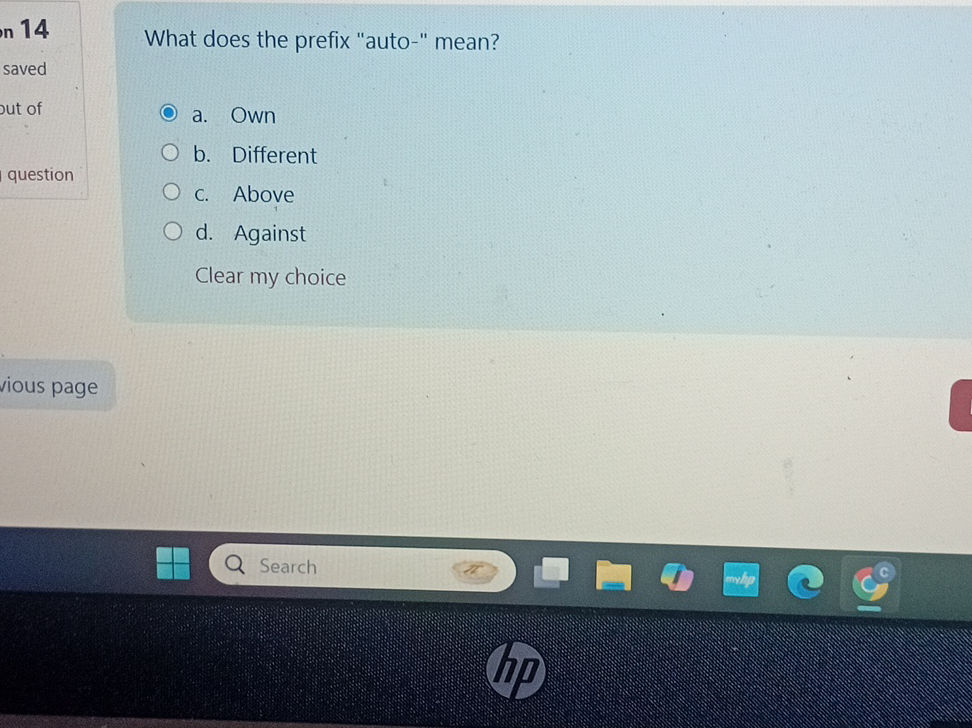 What does the prefix "auto-" mean? a. Own | StudyX