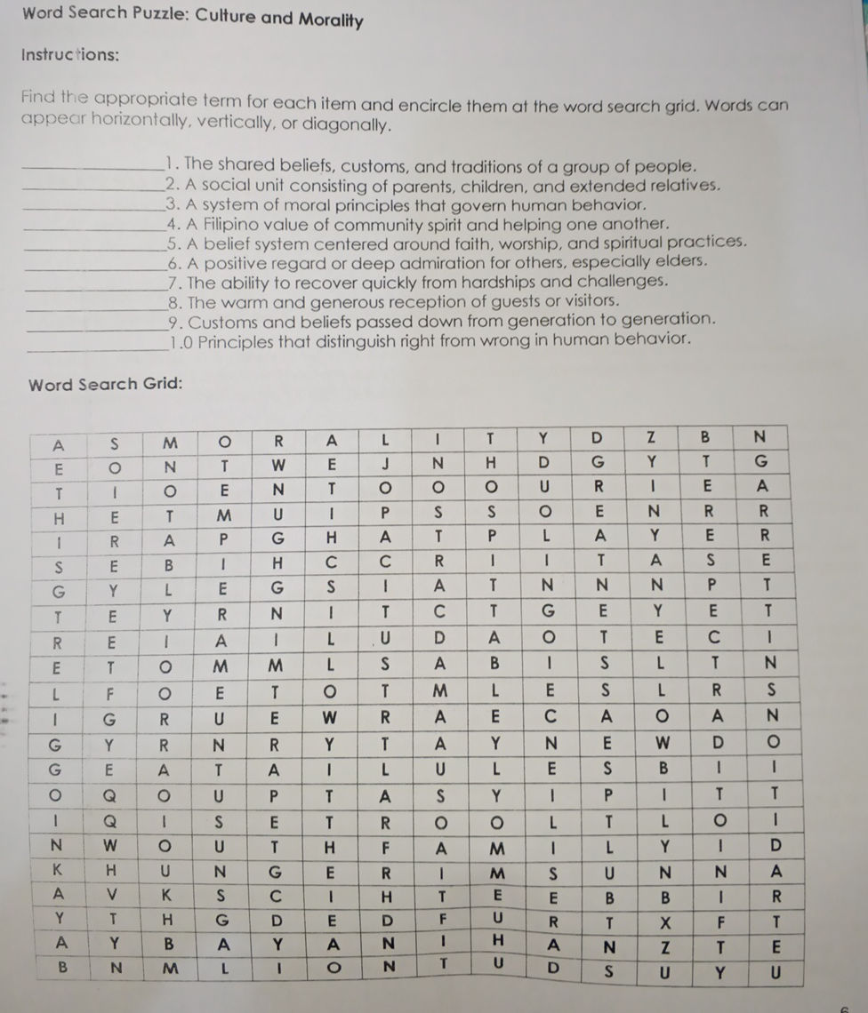 Word Search Puzzle: Culture and Morality | StudyX