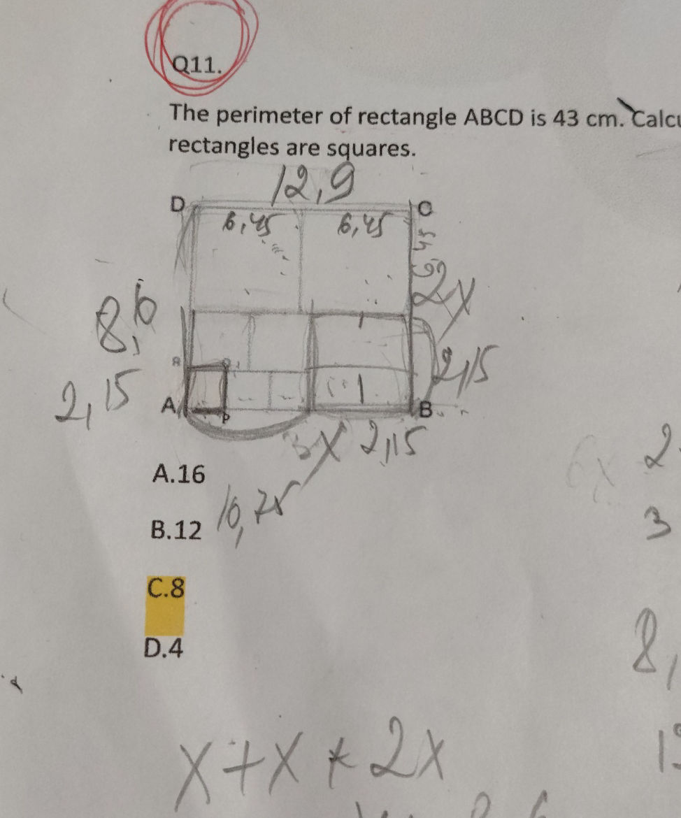 Q11. The perimeter of rectangle ABCD is 43 | StudyX