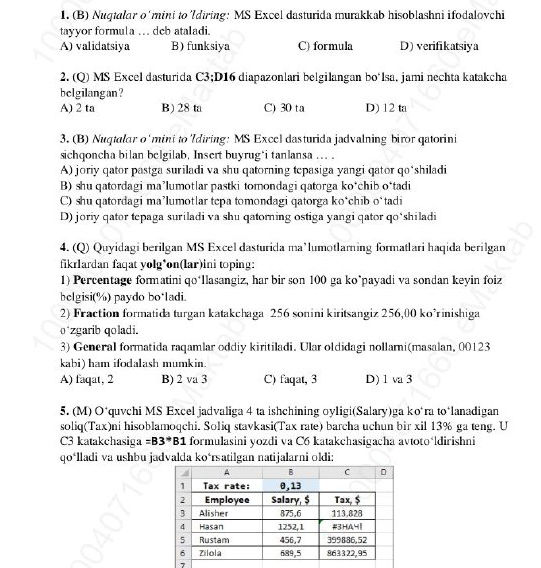 1. (B) Nuqtalar o'mini to'ldiring: MS Excel | StudyX