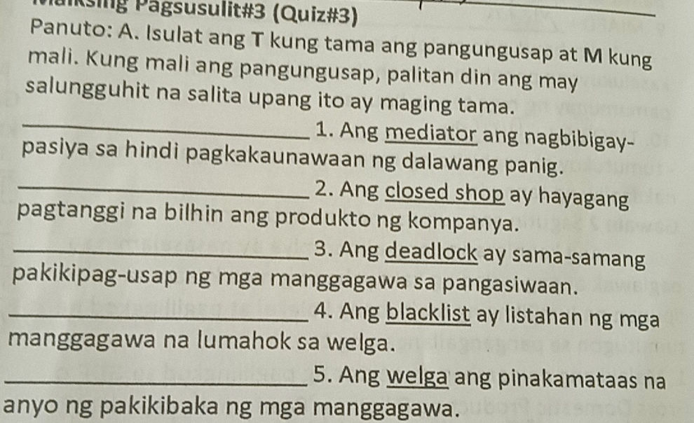 Pagsusulit#3 (Quiz#3) Panuto: A. Isulat ang | StudyX