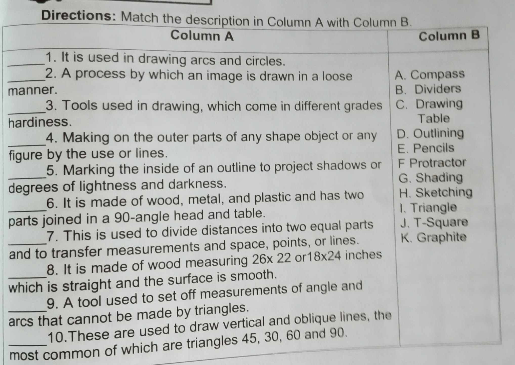 Directions: Match the description in Column | StudyX