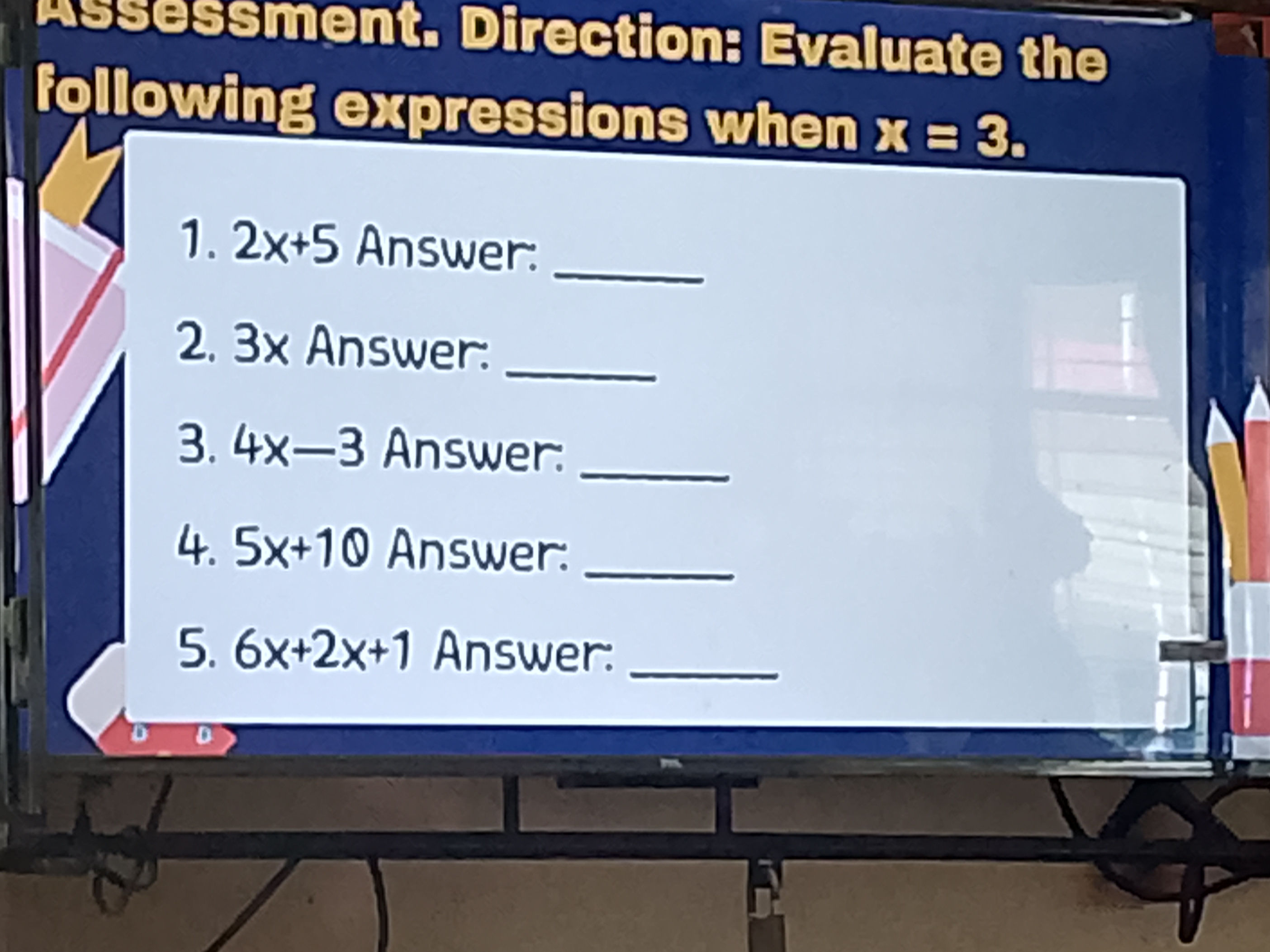 1. 2x+5 Answer: 2. 3x Answer: 3. 4x-3 | StudyX
