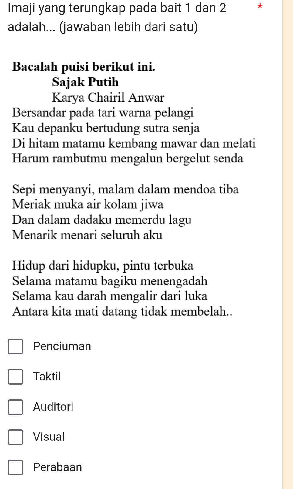 Imaji yang terungkap pada bait 1 dan 2 | StudyX