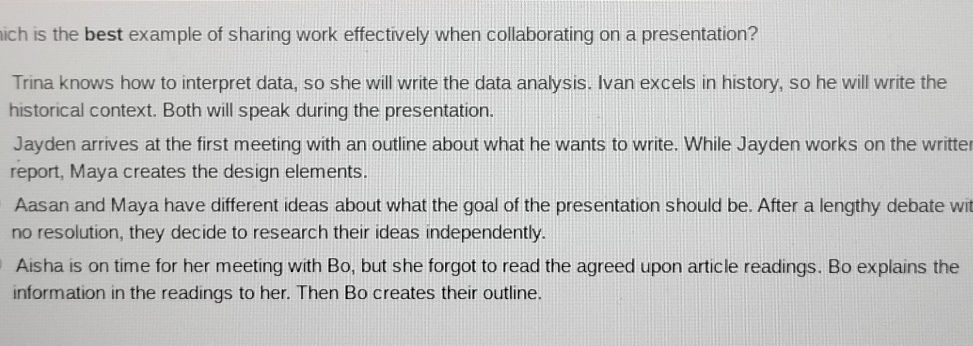 Which is the best example of sharing work | StudyX