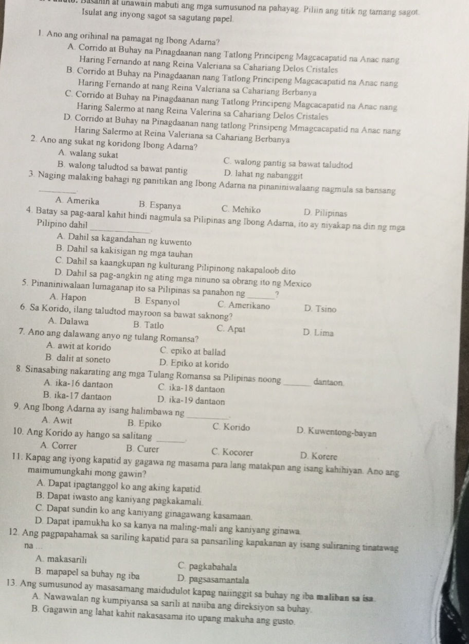 Isulat ang inyong sagot sa sagutang papel. | StudyX