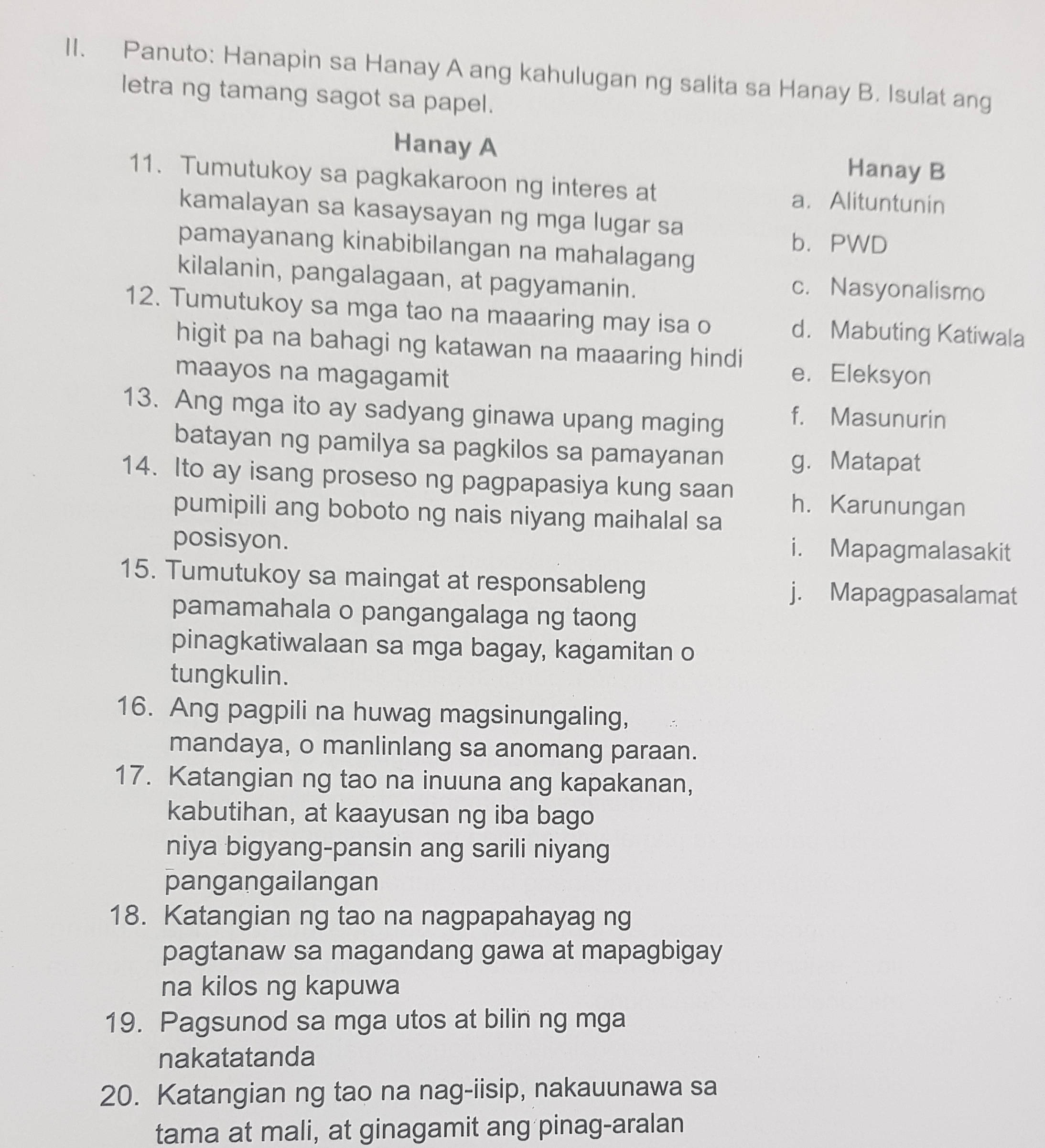 II. Panuto: Hanapin sa Hanay A ang kahulugan | StudyX