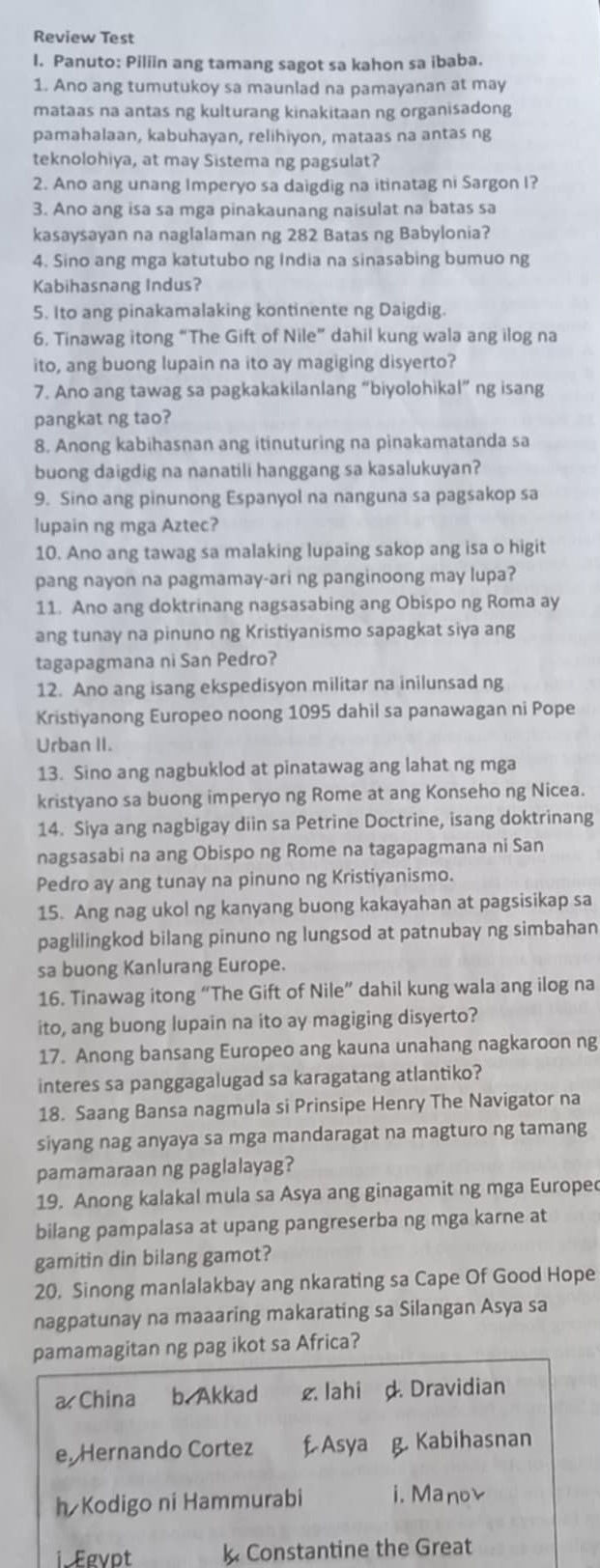 I. Panuto: Piliin ang tamang sagot sa kahon | StudyX