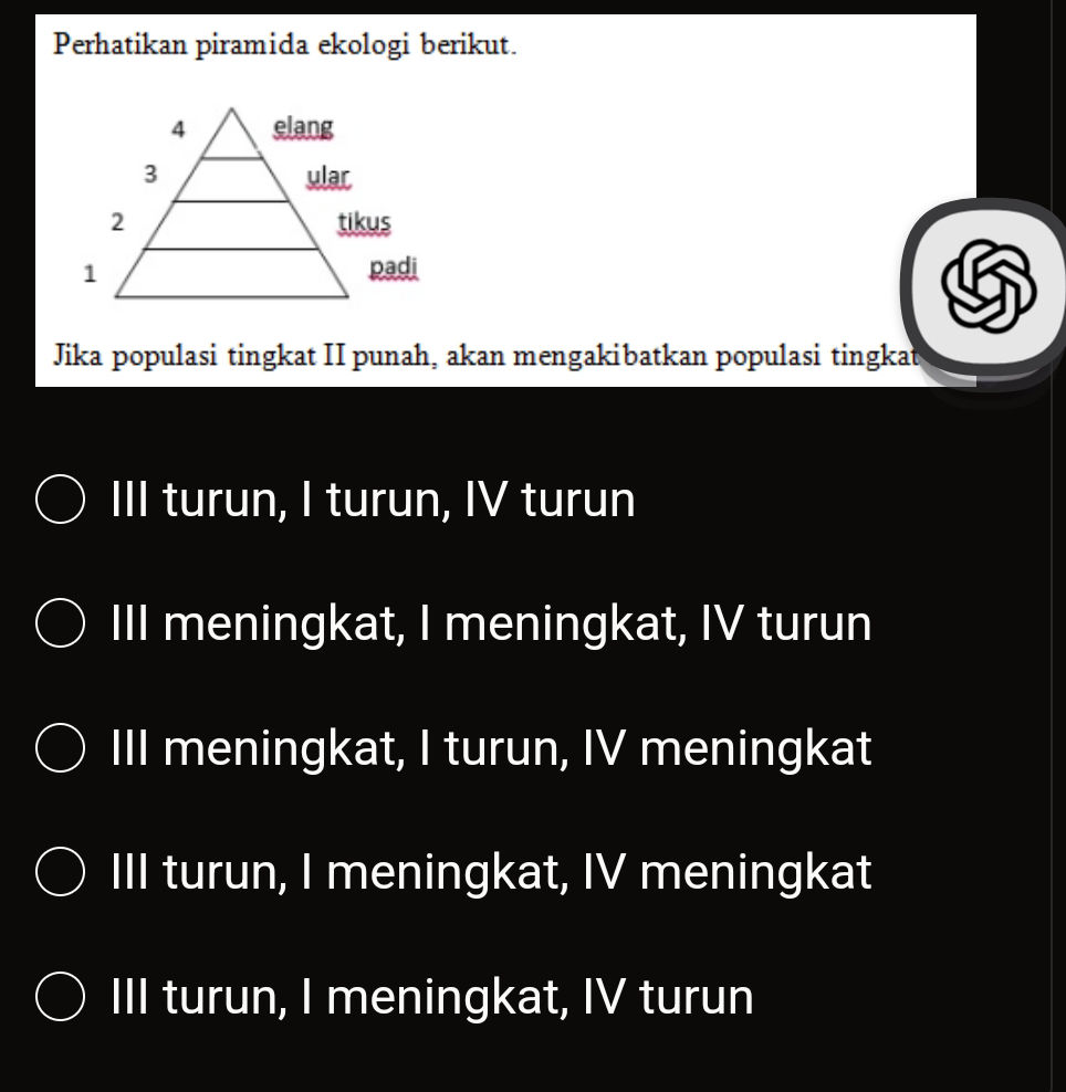 Perhatikan piramida ekologi berikut. ``` 4: | StudyX