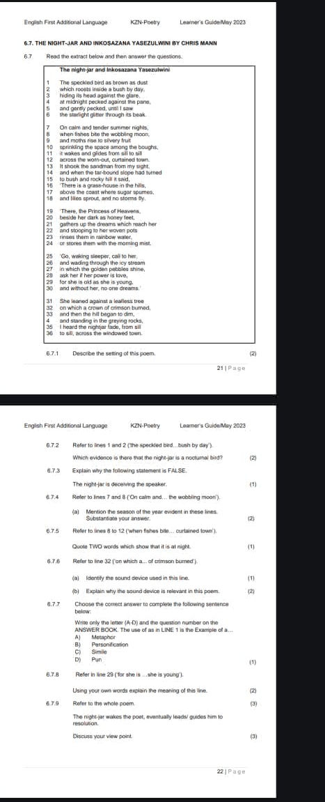 6.7. THE NIGHT-JAR AND INKOSAZANA | StudyX