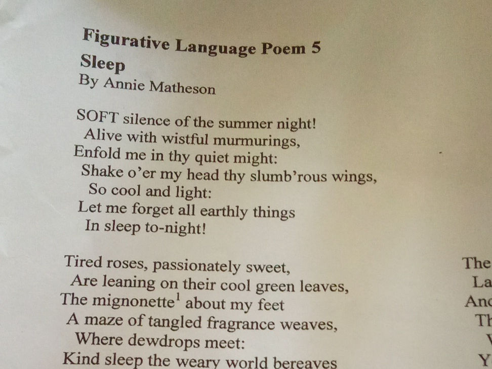 Figurative Language Poem 5 Sleep By Annie