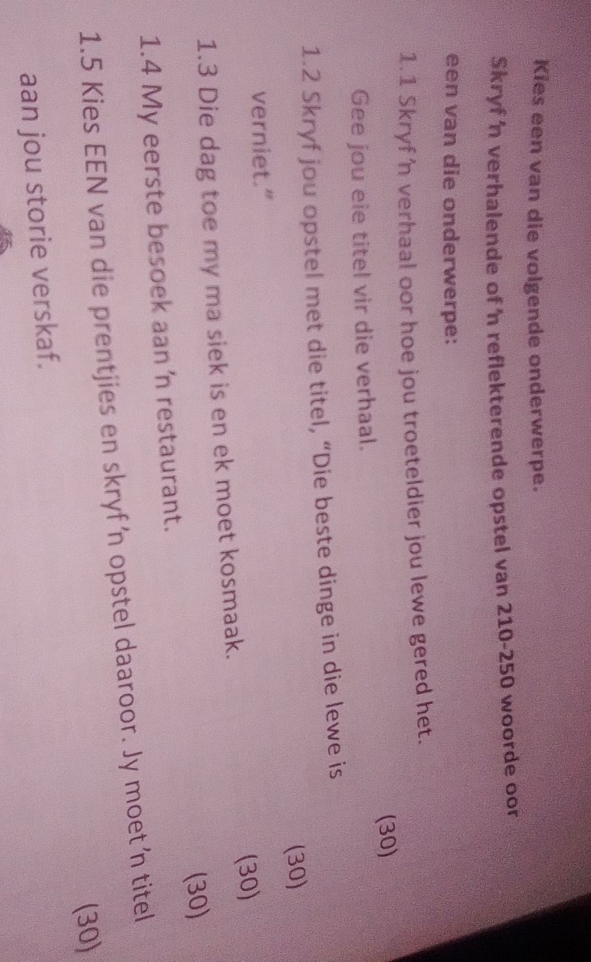 Kies een van die volgende onderwerpe. Skryf | StudyX