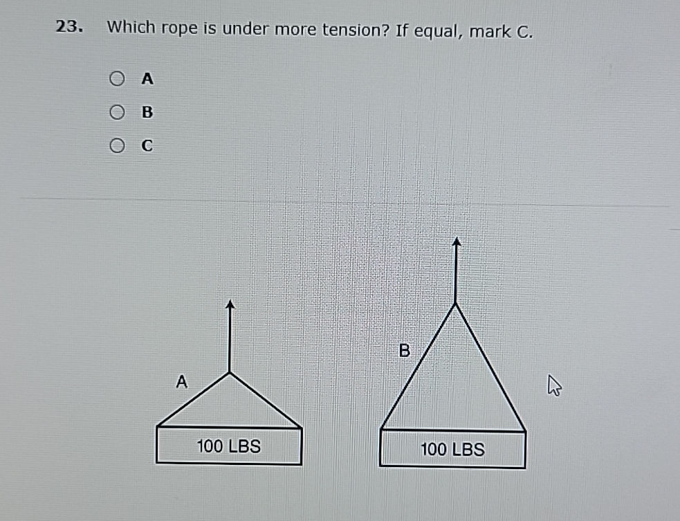 Which rope is under more tension? If equal,