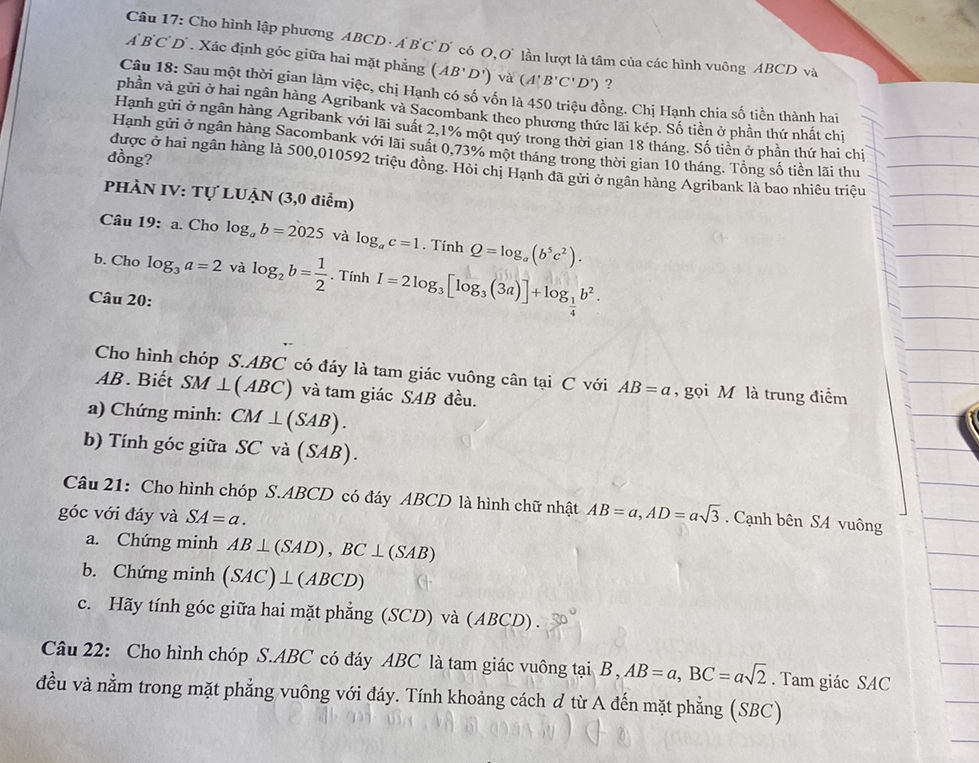Câu 17: Cho hình lập phương $ABCD.A'B'C'D'$ | StudyX