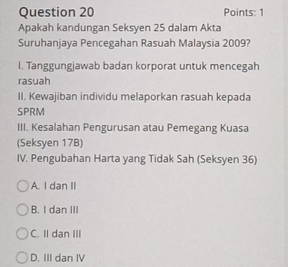 Question 20 Apakah kandungan Seksyen 25 | StudyX