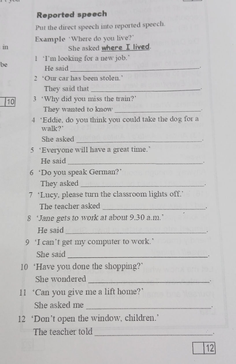 Reported speech Put the direct speech into | StudyX