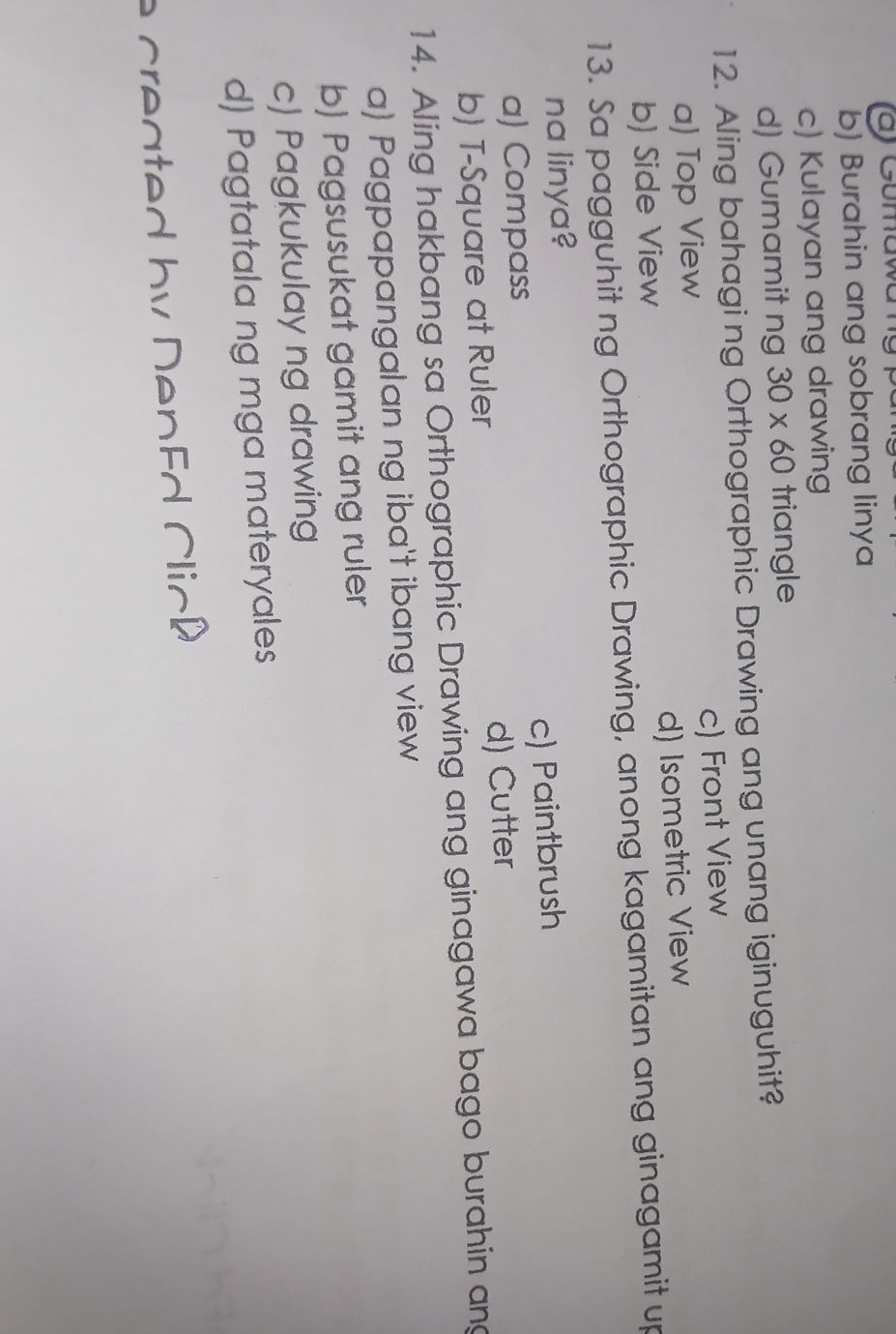 12. Aling bahagi ng Orthographic Drawing ang | StudyX