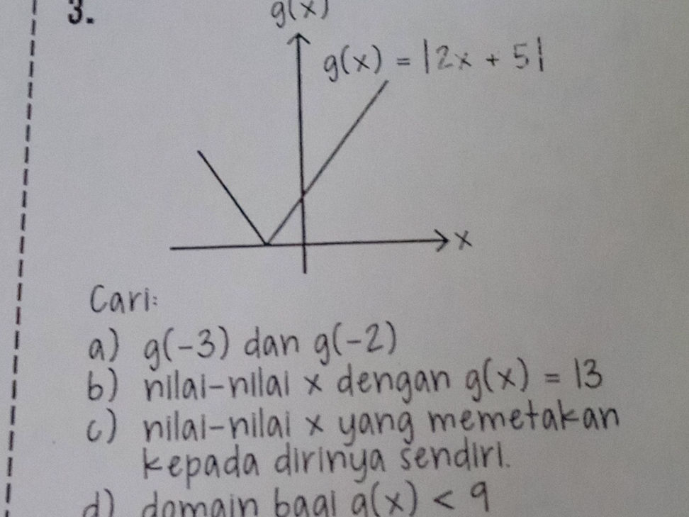 3. $g(x) = |2x + 5|$ Cari: a) g(-3) dan | StudyX
