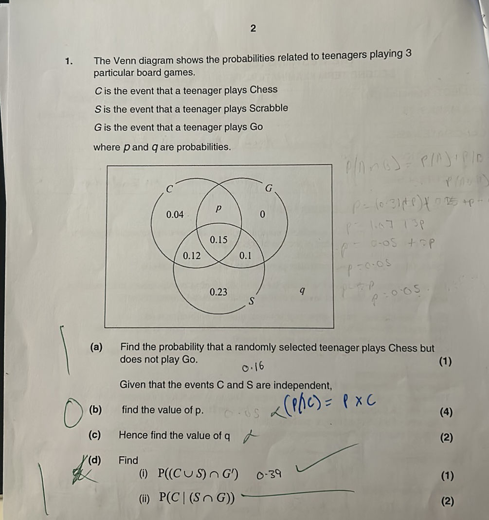 1. The Venn diagram shows the probabilities | StudyX