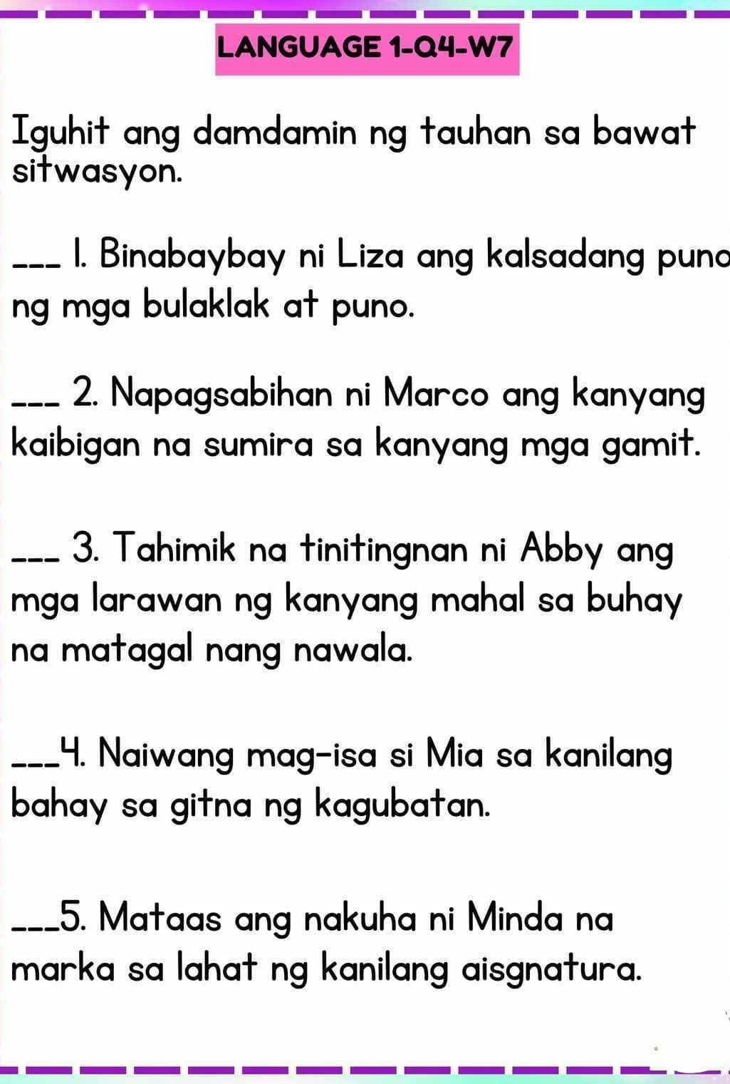 Iguhit ang damdamin ng tauhan sa bawat | StudyX