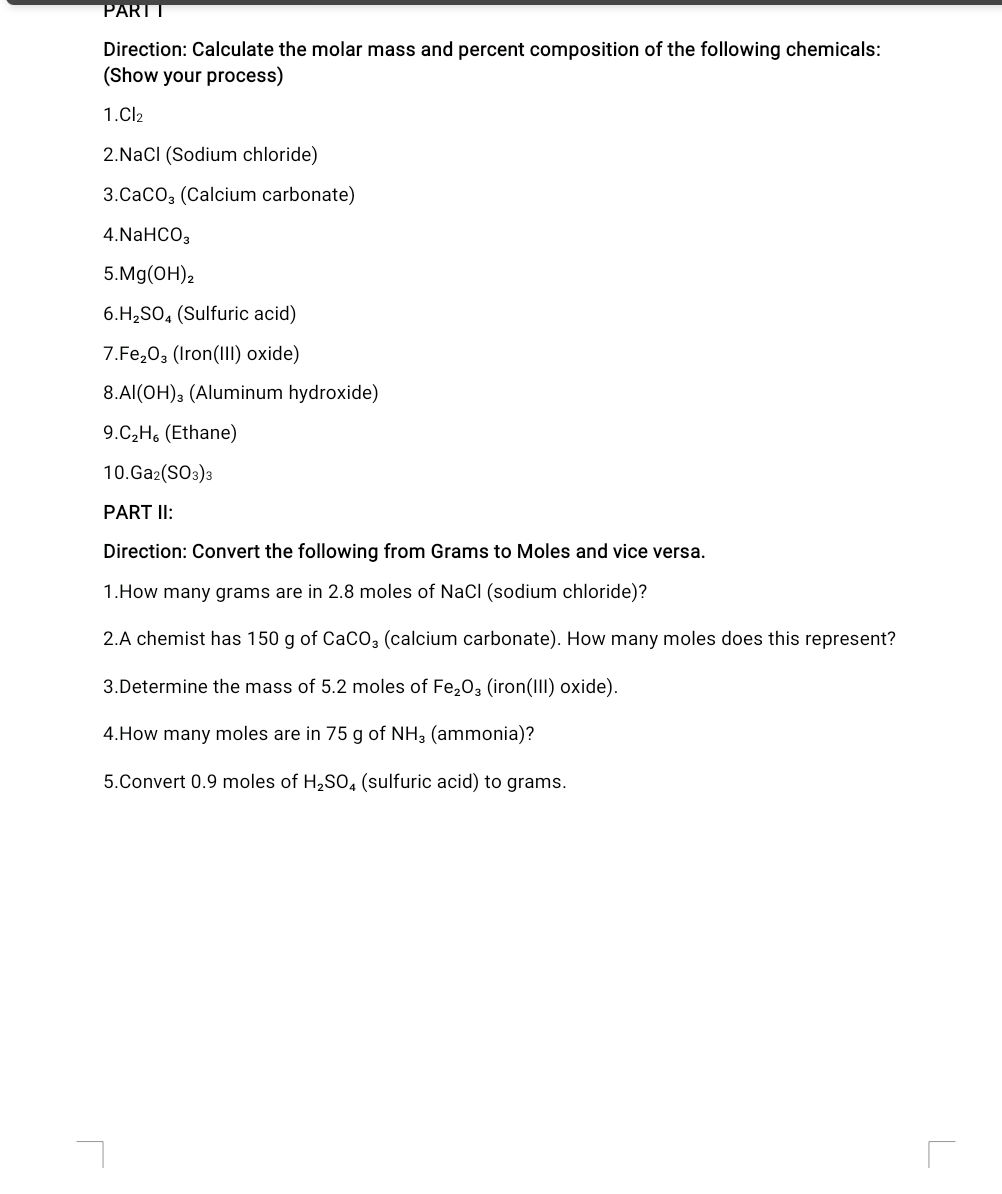 PART I Direction: Calculate the molar mass | StudyX