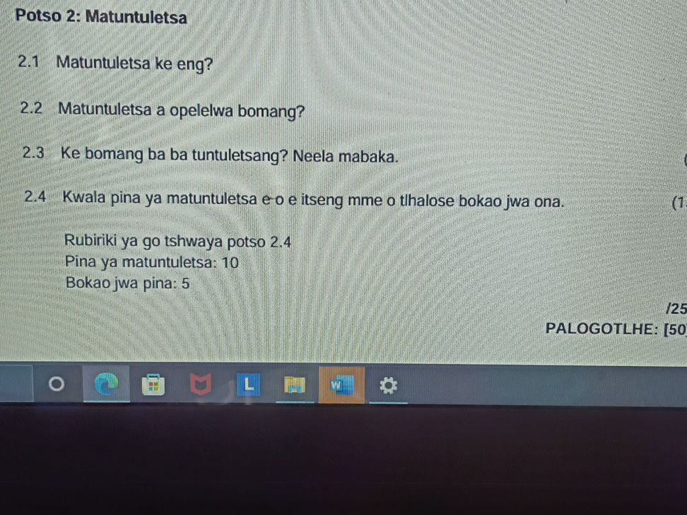 Potso 2: Matuntuletsa 2.1 Matuntuletsa ke | StudyX