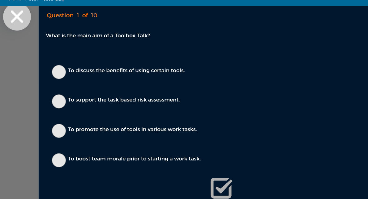 What is the main aim of a Toolbox Talk? To | StudyX