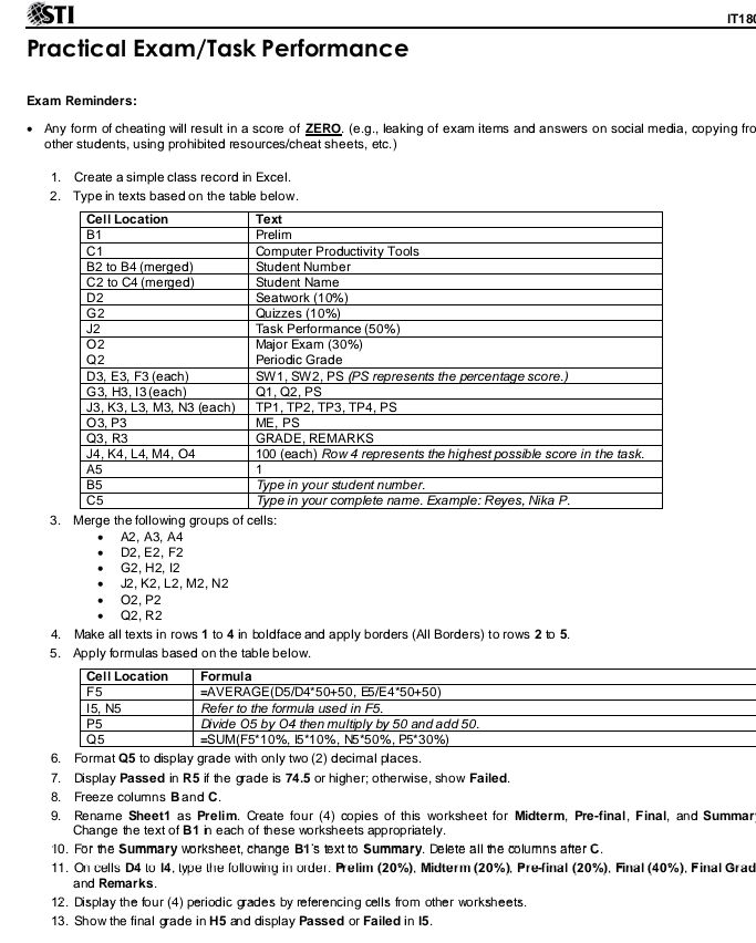 1. Create a simple class record in Excel. | StudyX