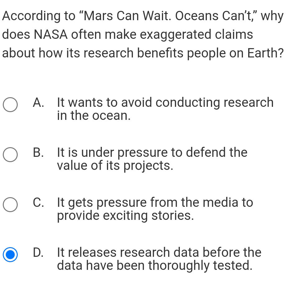 According to "Mars Can Wait. Oceans Can't," | StudyX