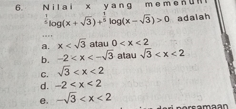6. Nilai x yang memenuhi $ {1}{5}(x + {3}) | StudyX