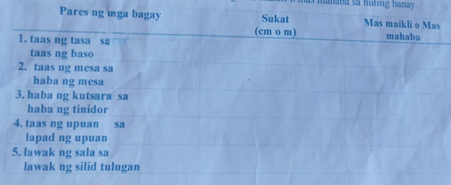 Pares ng mga bagay 1. taas ng tasa sa taas | StudyX