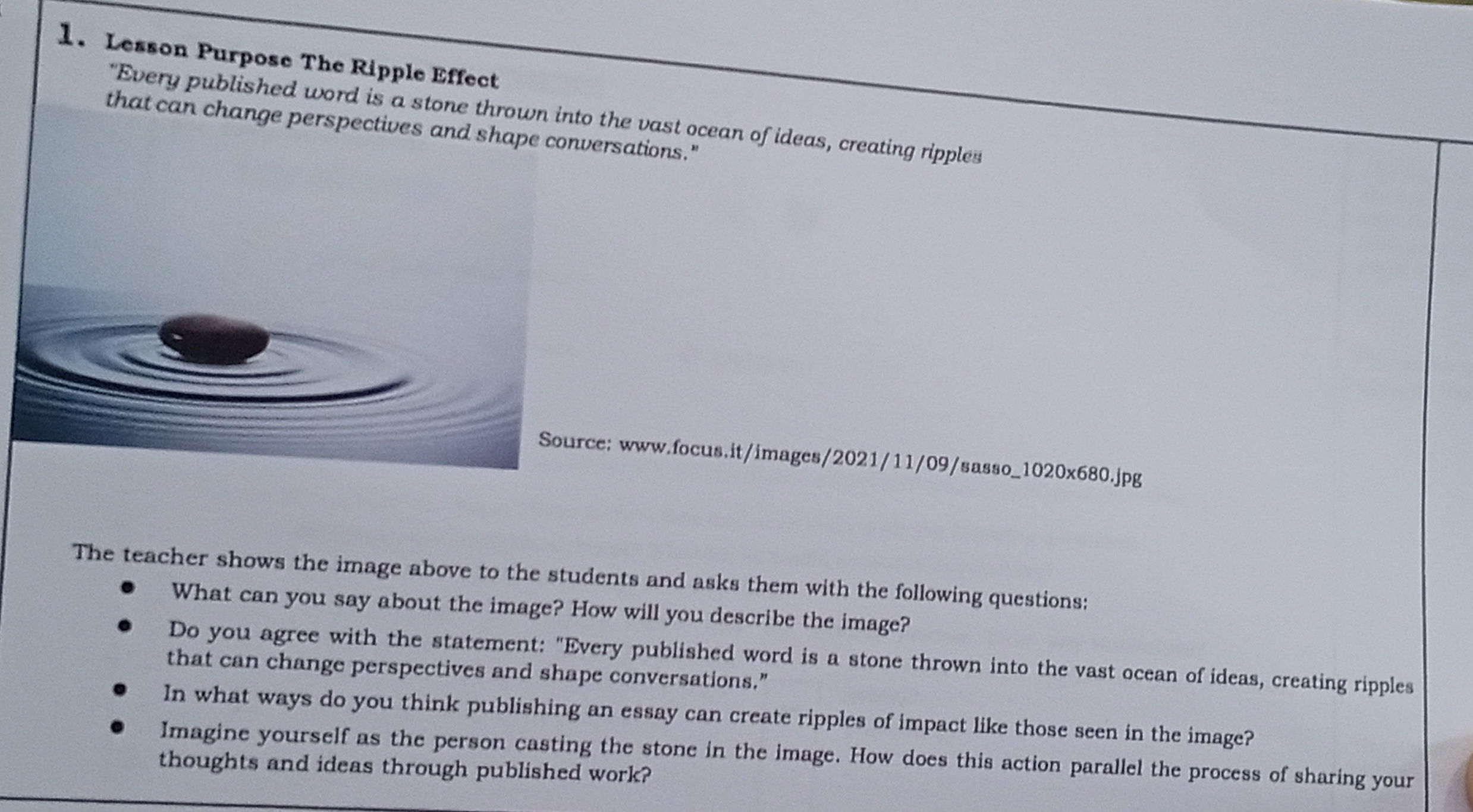 1. Lesson Purpose The Ripple Effect "Every | StudyX