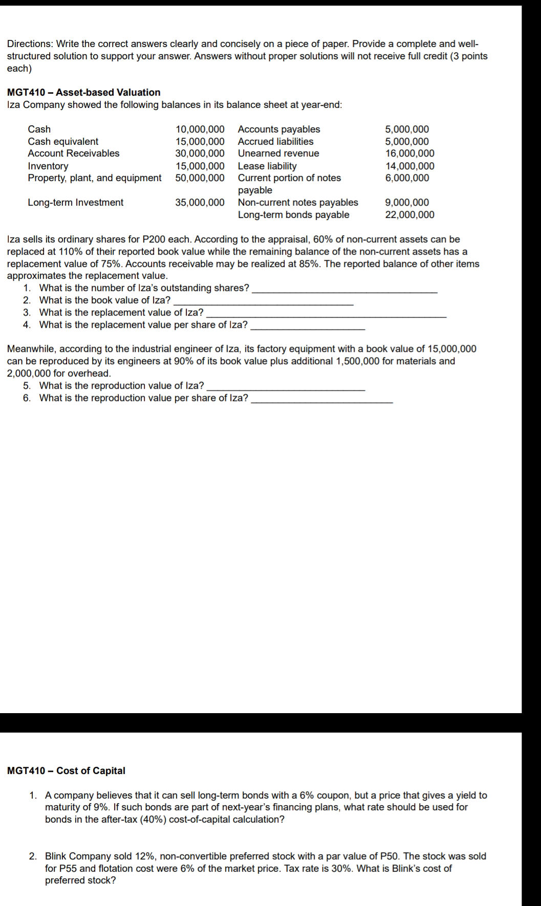 MGT410 - Asset-based Valuation Iza Company | StudyX
