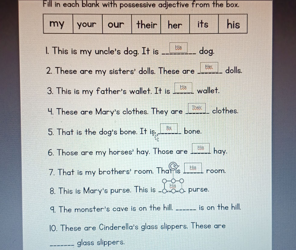 Fill in each blank with possessive adjective | StudyX
