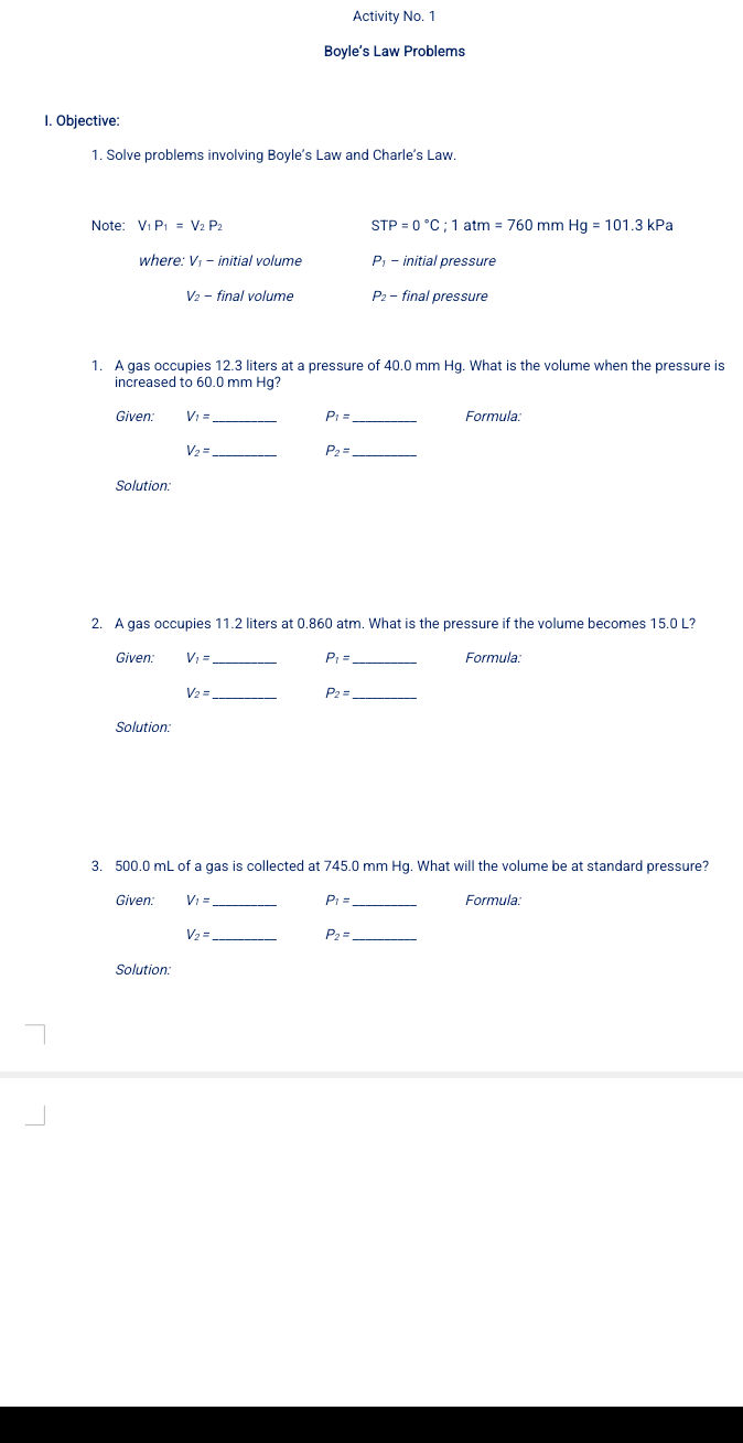 Activity No. 1 Boyle's Law Problems I. | StudyX
