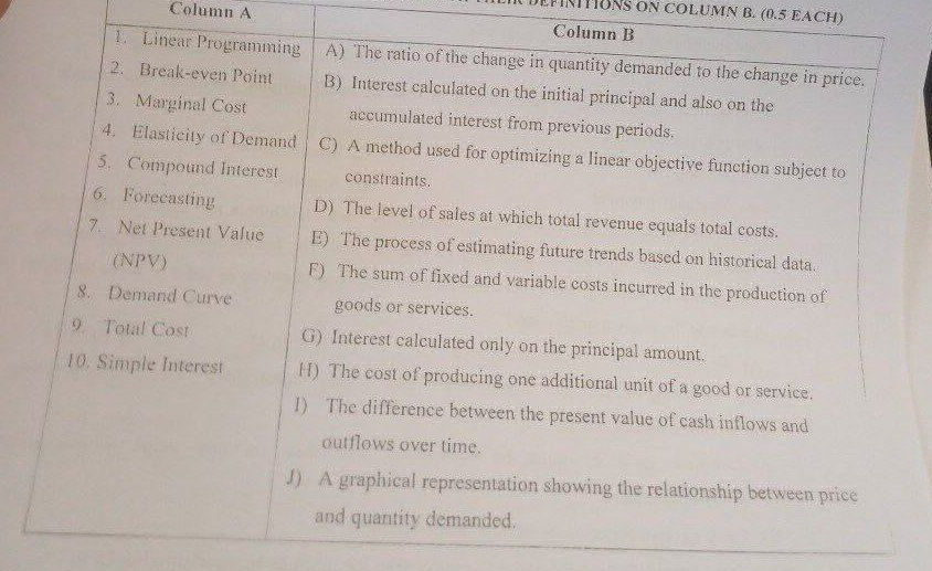 Match the terms in Column A with their | StudyX