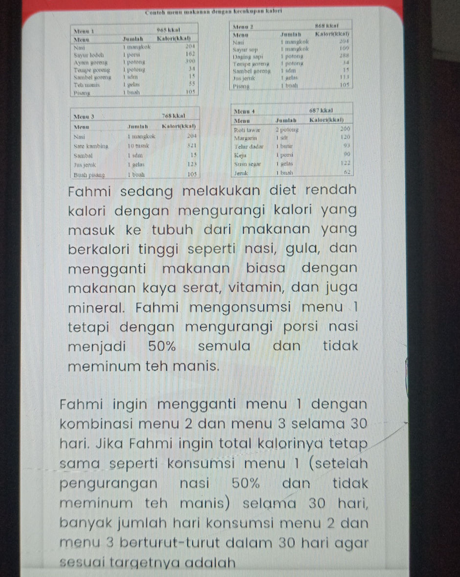 Contoh menu makanan dengan kecukupan kalori | StudyX