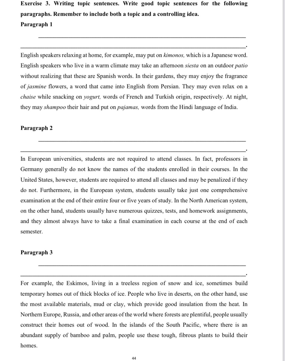 Exercise 3. Writing topic sentences. Write | StudyX
