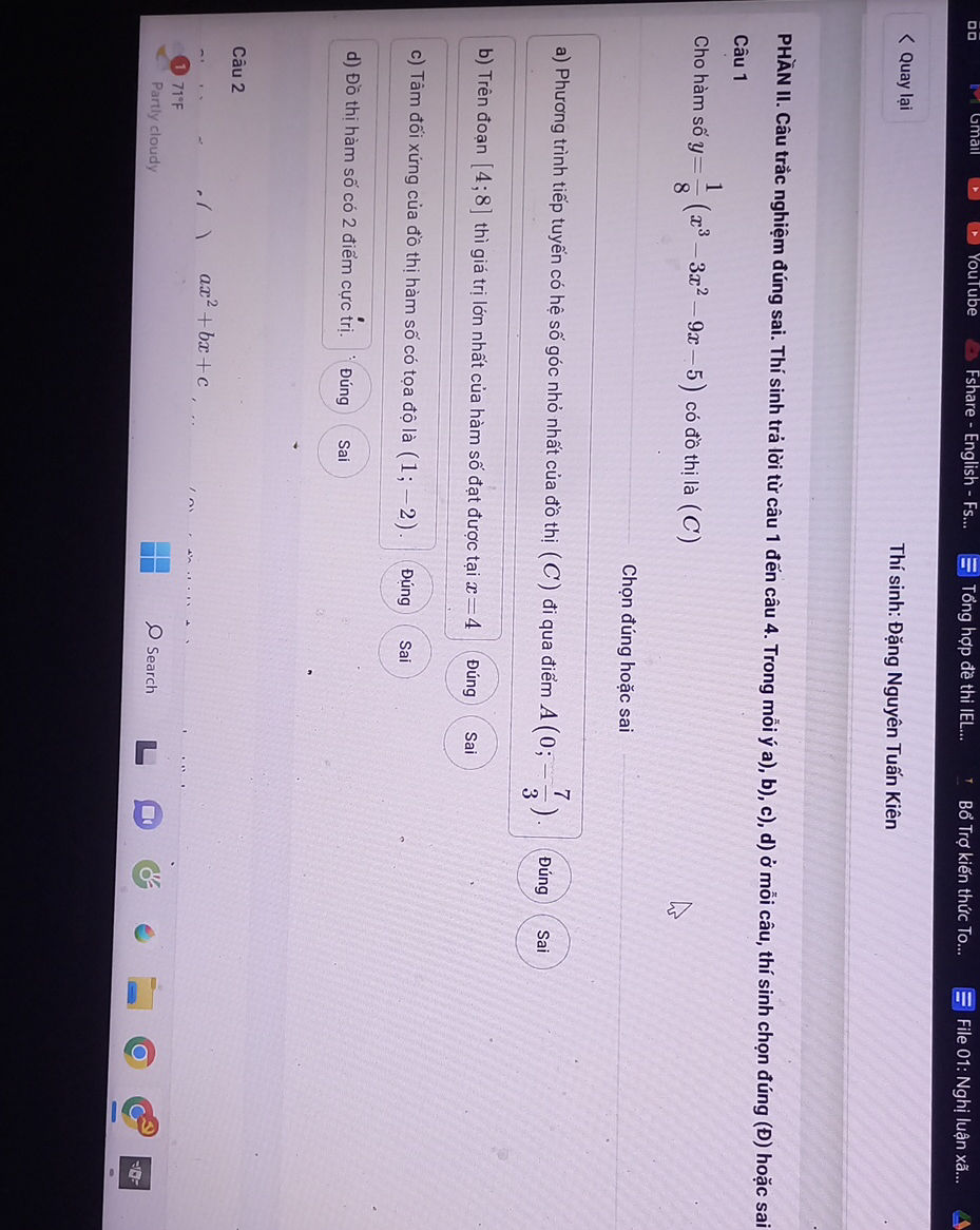 Câu 1 Cho hàm số $y = {1}{8}(x^3 - 3x^2 - | StudyX