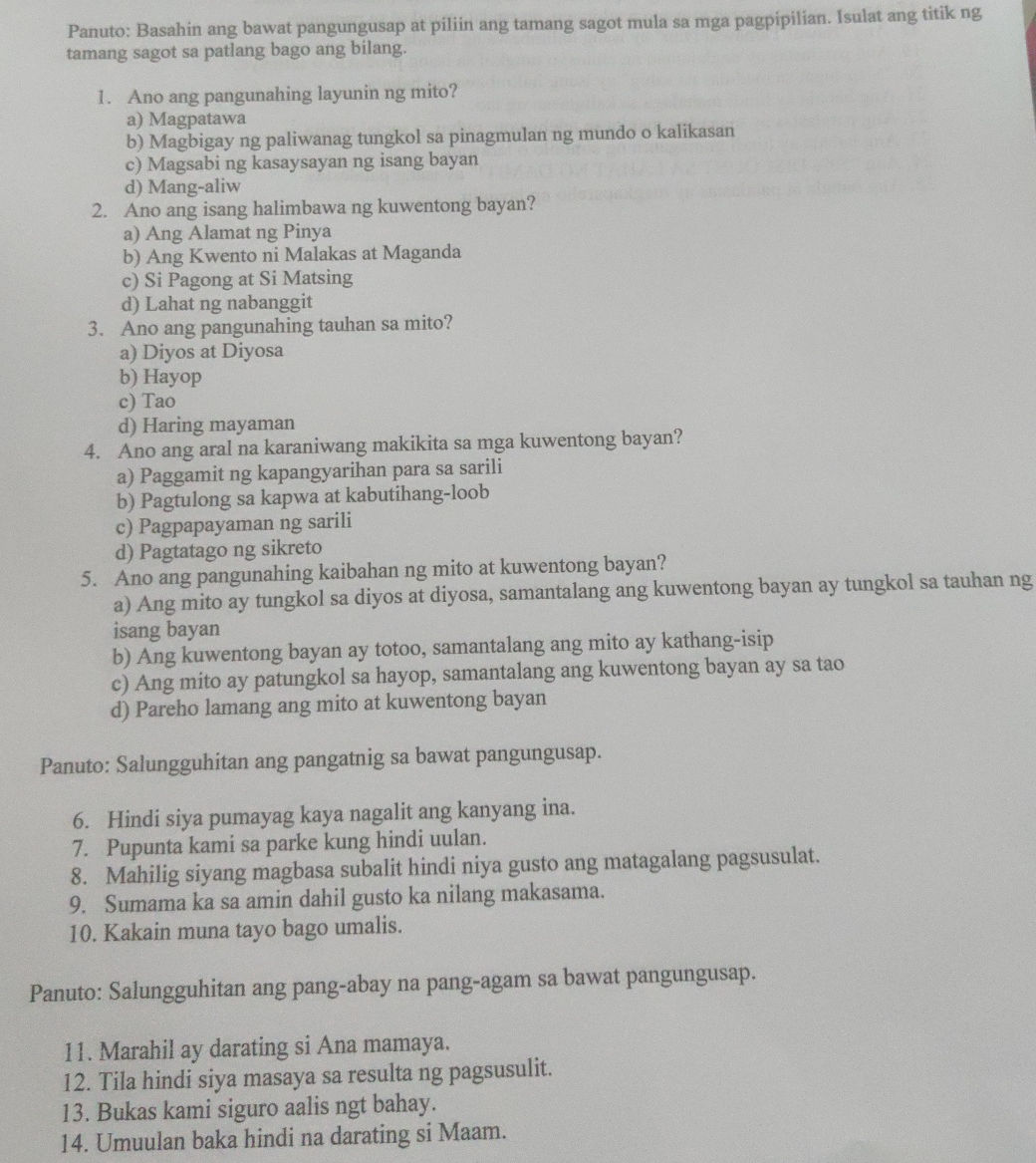 Panuto: Basahin ang bawat pangungusap at | StudyX