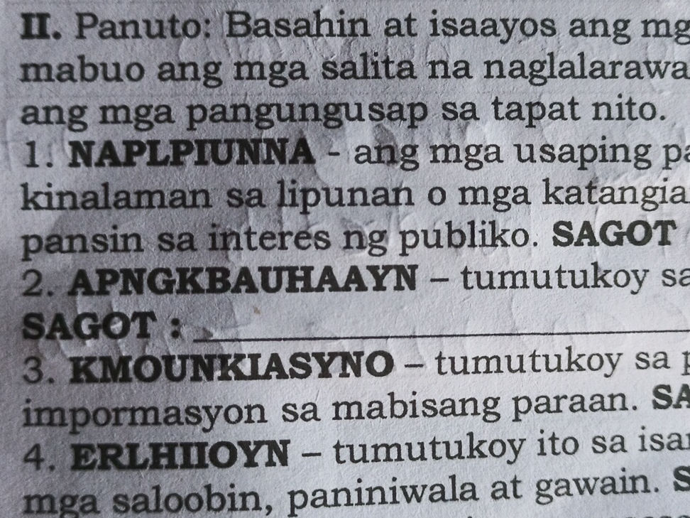 II. Panuto: Basahin at isaayos ang mga | StudyX