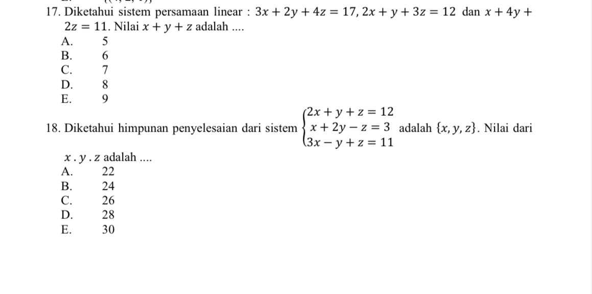 17. Diketahui sistem persamaan linear: $3x + | StudyX