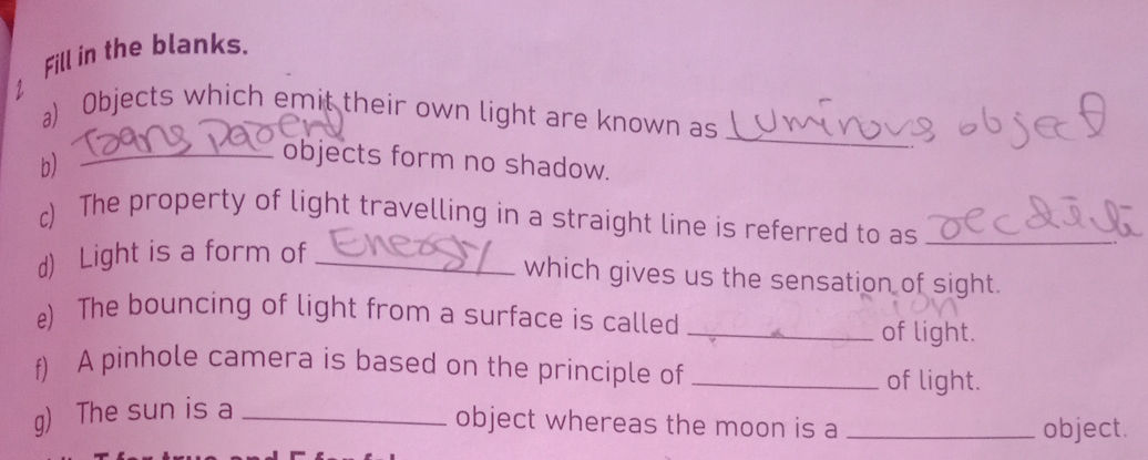 Fill in the blanks. a) Objects which emit | StudyX