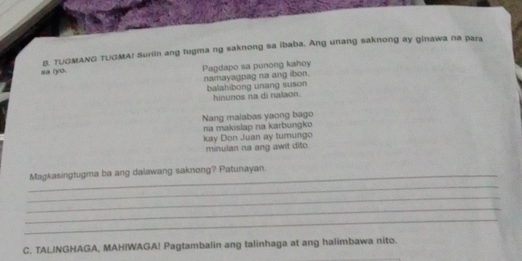 B. TUGMANG TUGMA! Suriin ang tugma ng | StudyX