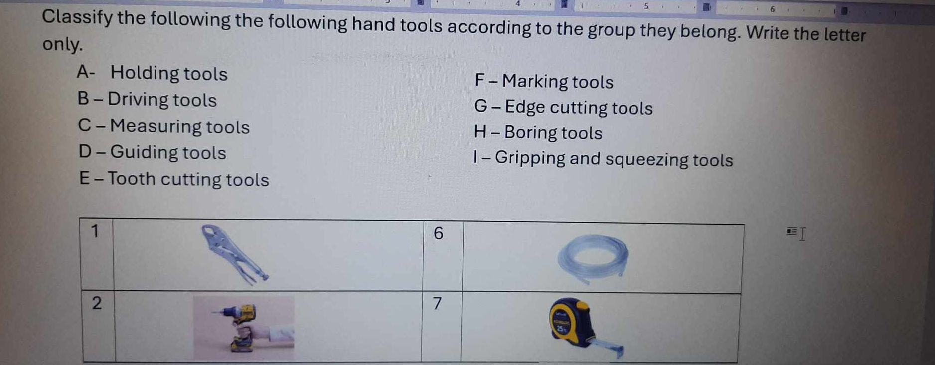 Classify the following hand tools according | StudyX