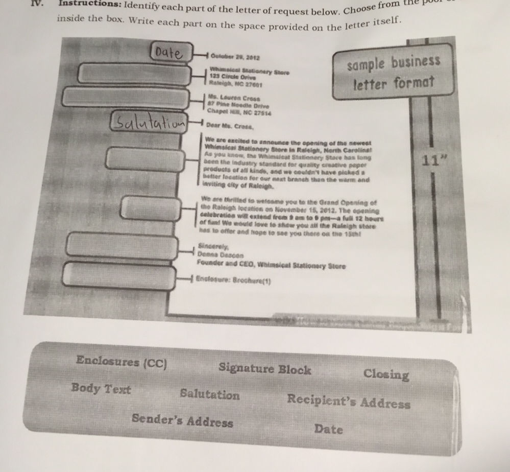 IV. Instructions: Identify each part of the | StudyX