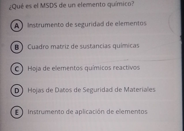 ¿Qué es el MSDS de un elemento químico? A) | StudyX