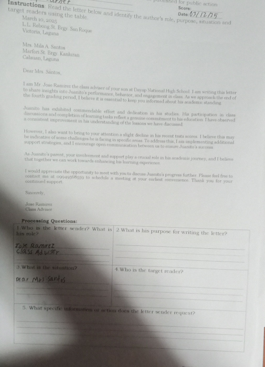 Processing Questions: 1. Who is the letter | StudyX