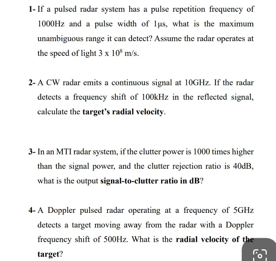 1- If a pulsed radar system has a pulse | StudyX